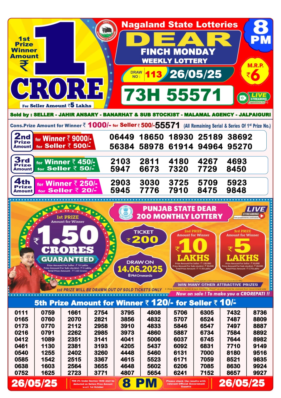 Dear Lottery Result Chart 8 PM 26/05/2025 - Lottery Sambad Today