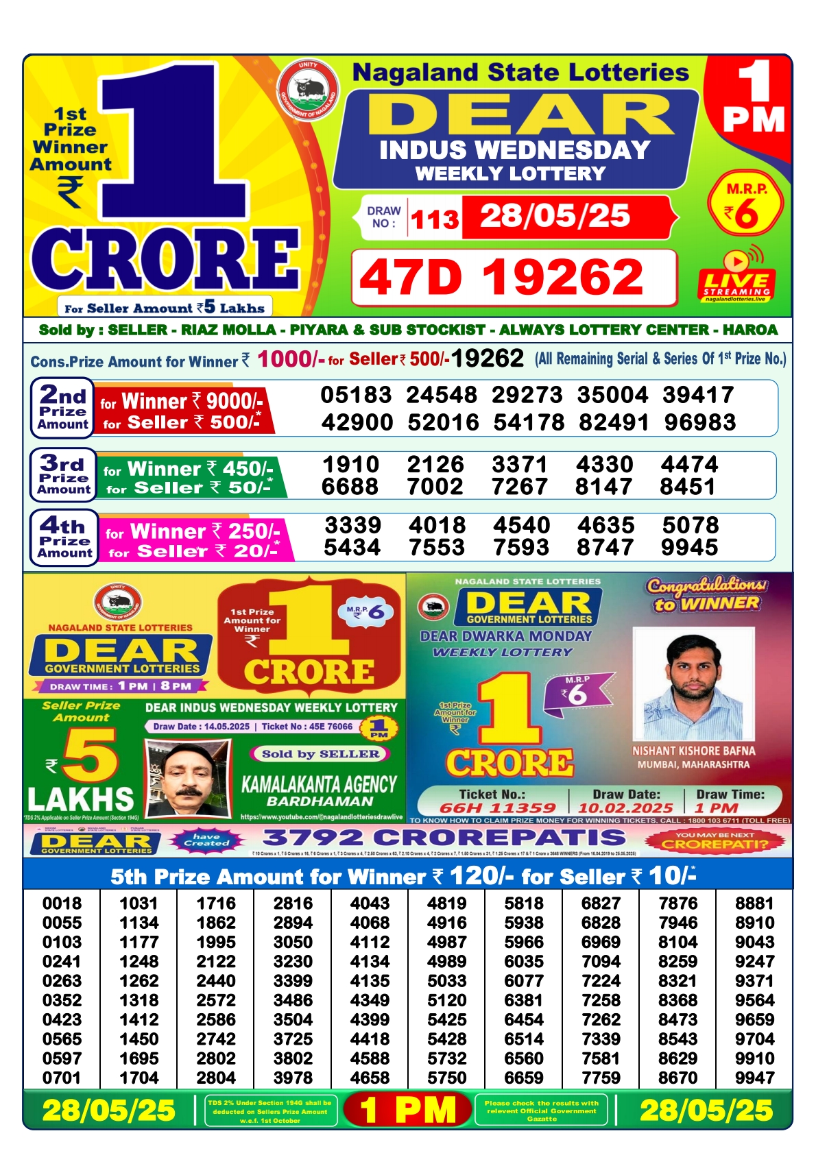 Dear Lottery Result Chart 1 PM 28/05/2025 - Lottery Sambad Today