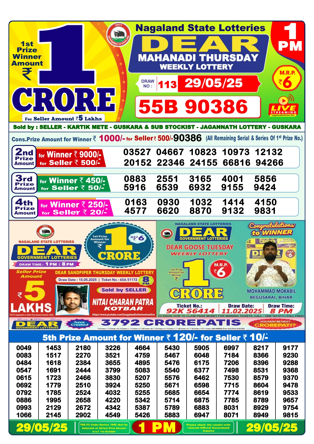 Dear Lottery Result Chart 1 PM 29/05/2025 - Lottery Sambad Today