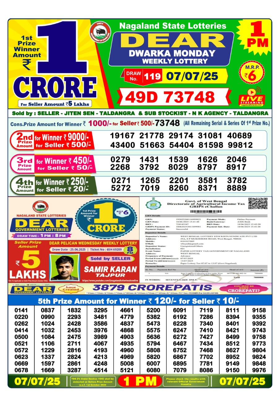 Dear Lottery Chart 1 PM Result - 07/07/2025 | Today's Dear Chart