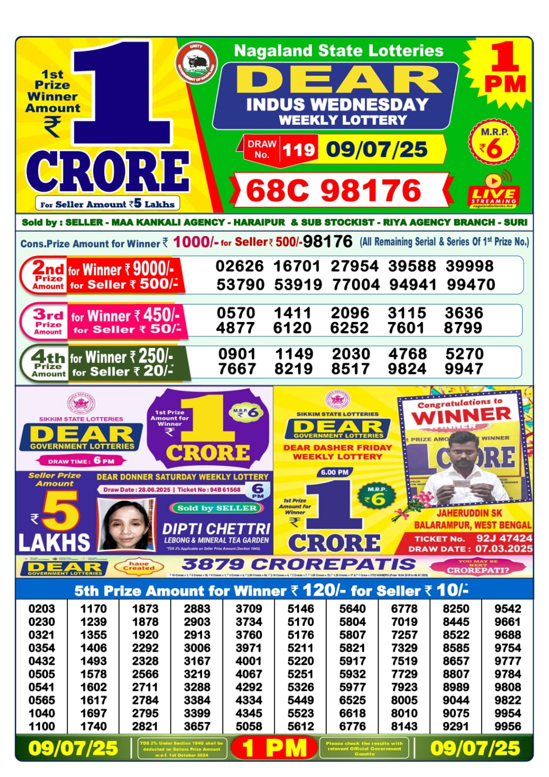 Dear Lottery Chart 1 PM Result - 09/07/2025 | Today's Dear Chart ...