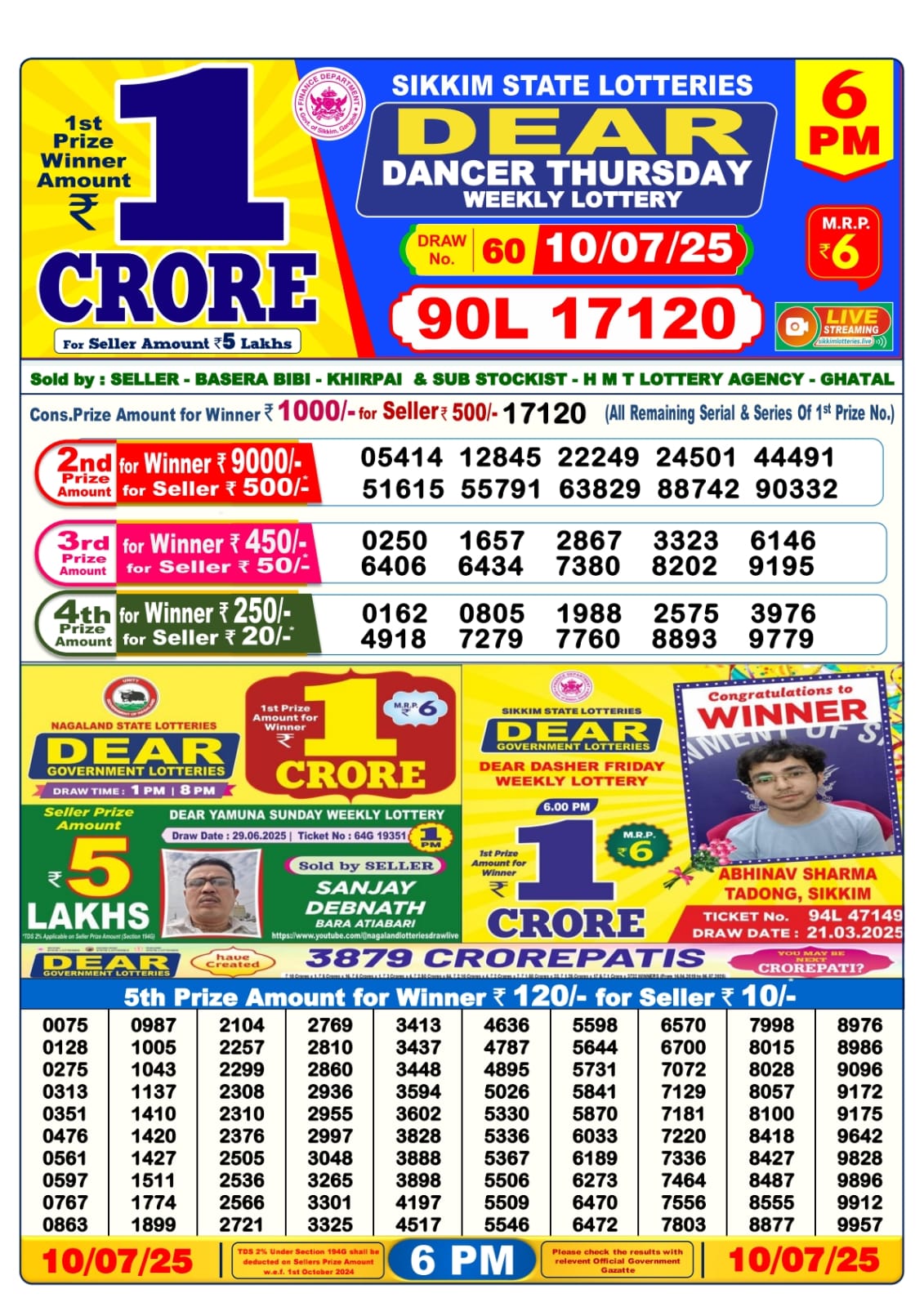 Dear Lottery Chart 6 PM Result - 10/07/2025 | Latest Dear Lottery Chart ...