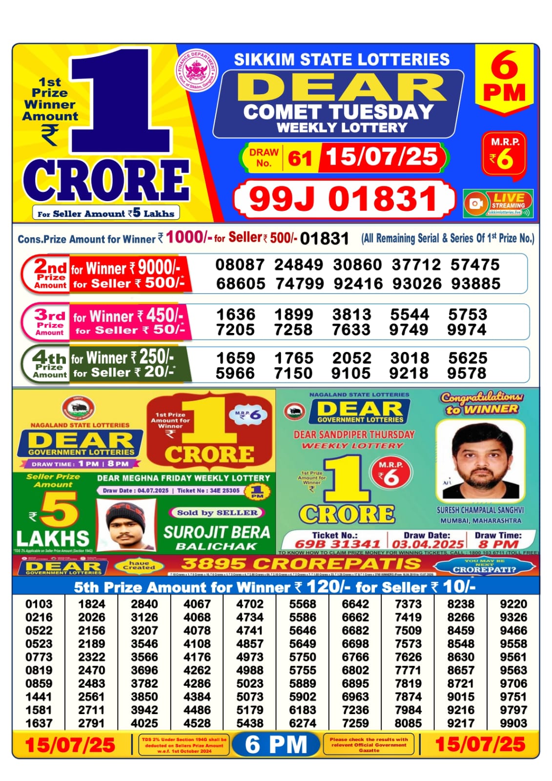 Dear Lottery Chart 6 PM Result - 15/07/2025 | Latest Dear Lottery Chart ...