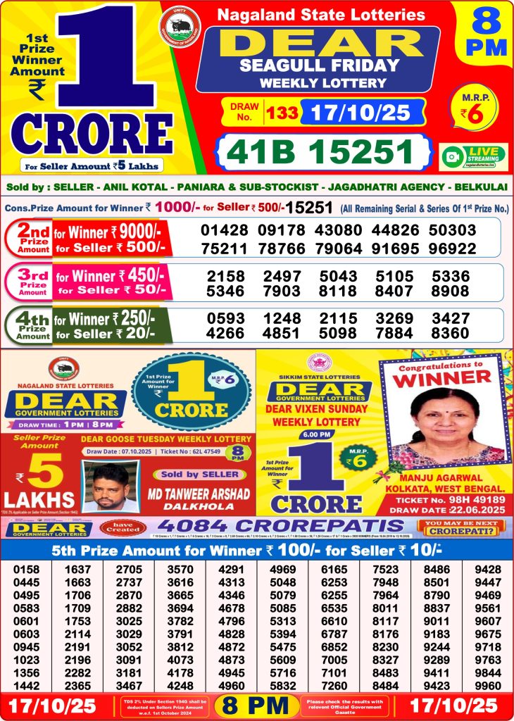 Dear Lottery Chart 8 PM Result - 17/10/2025 | Latest Dear Lottery ...