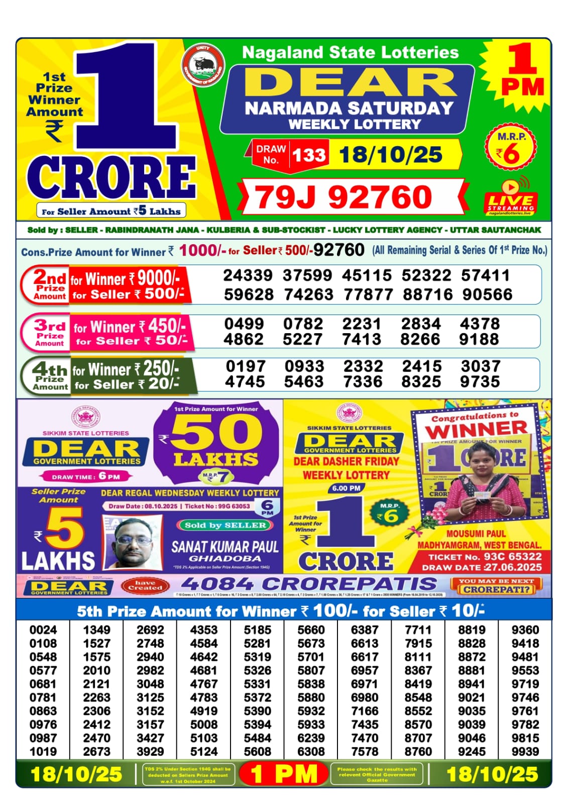 Dear Lottery Chart 1 PM Result - 18/10/2025 | Today's Dear Chart