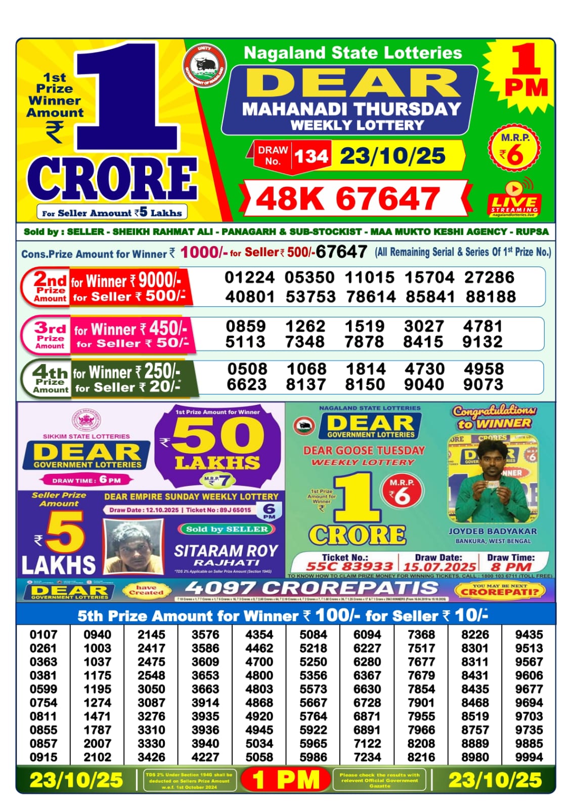 Dear Lottery Chart 1 PM Result - 23/10/2025 | Today's Dear Chart