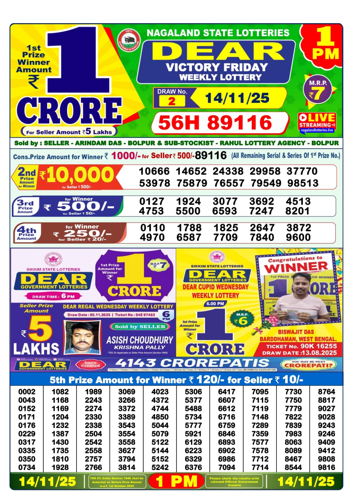 Dear Lottery Chart 1 PM Result - 14/11/2025 | Today's Dear Chart