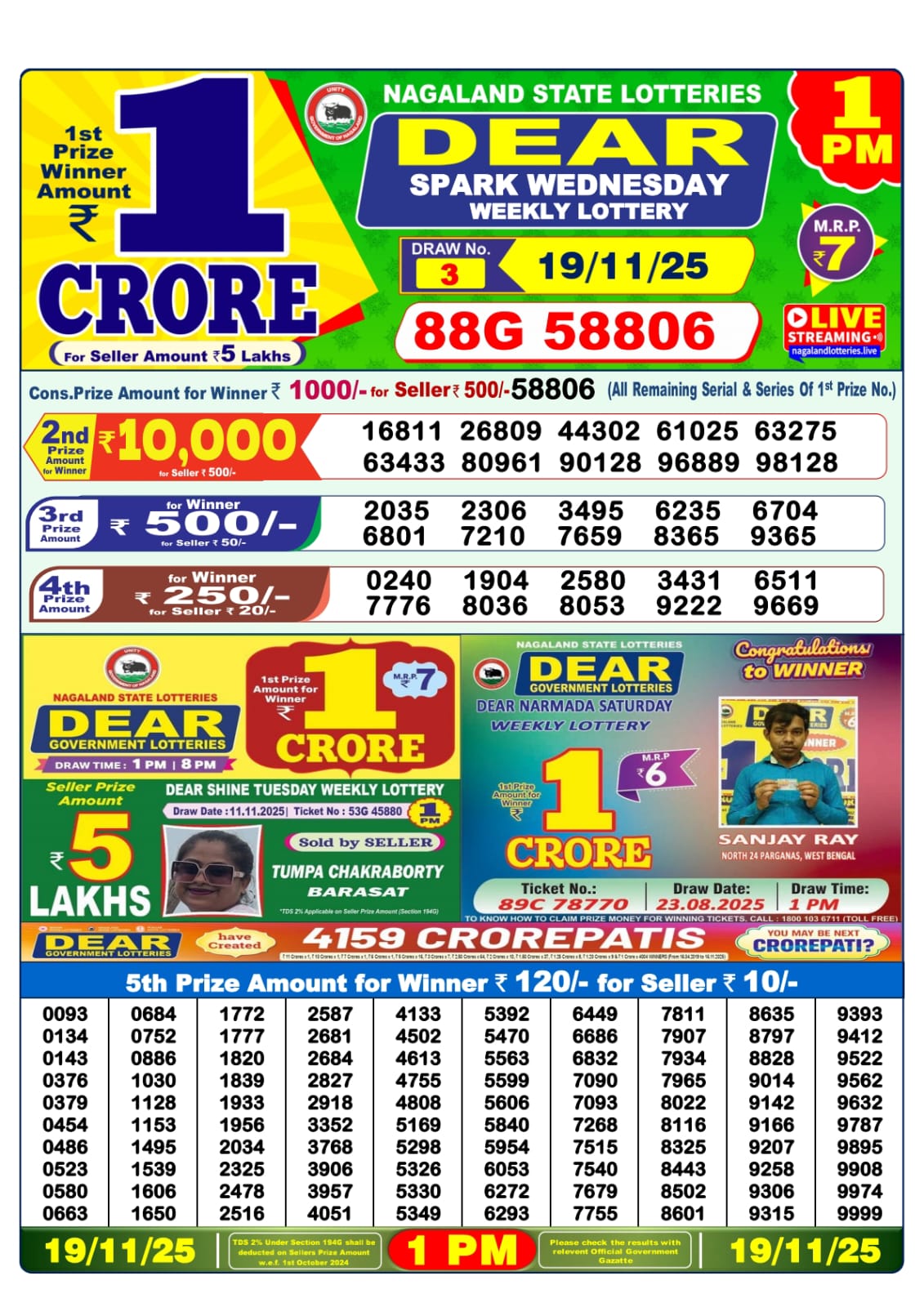 Dear Lottery Chart 1 PM Result - 19/11/2025 | Today's Dear Chart