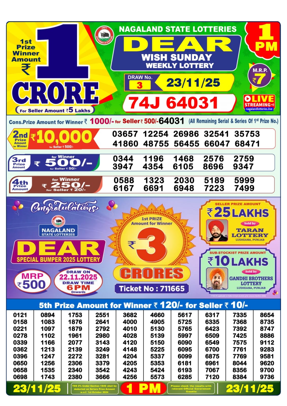 Dear Lottery Chart 1 PM Result - 23/11/2025 | Today's Dear Chart