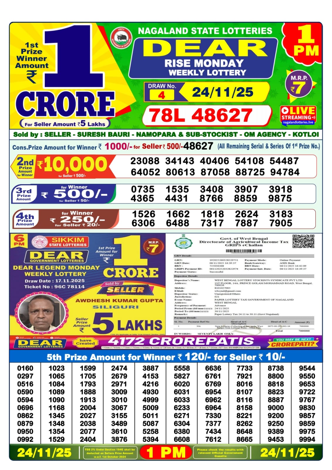 Dear Lottery Chart 1 PM Result - 24/11/2025 | Today's Dear Chart