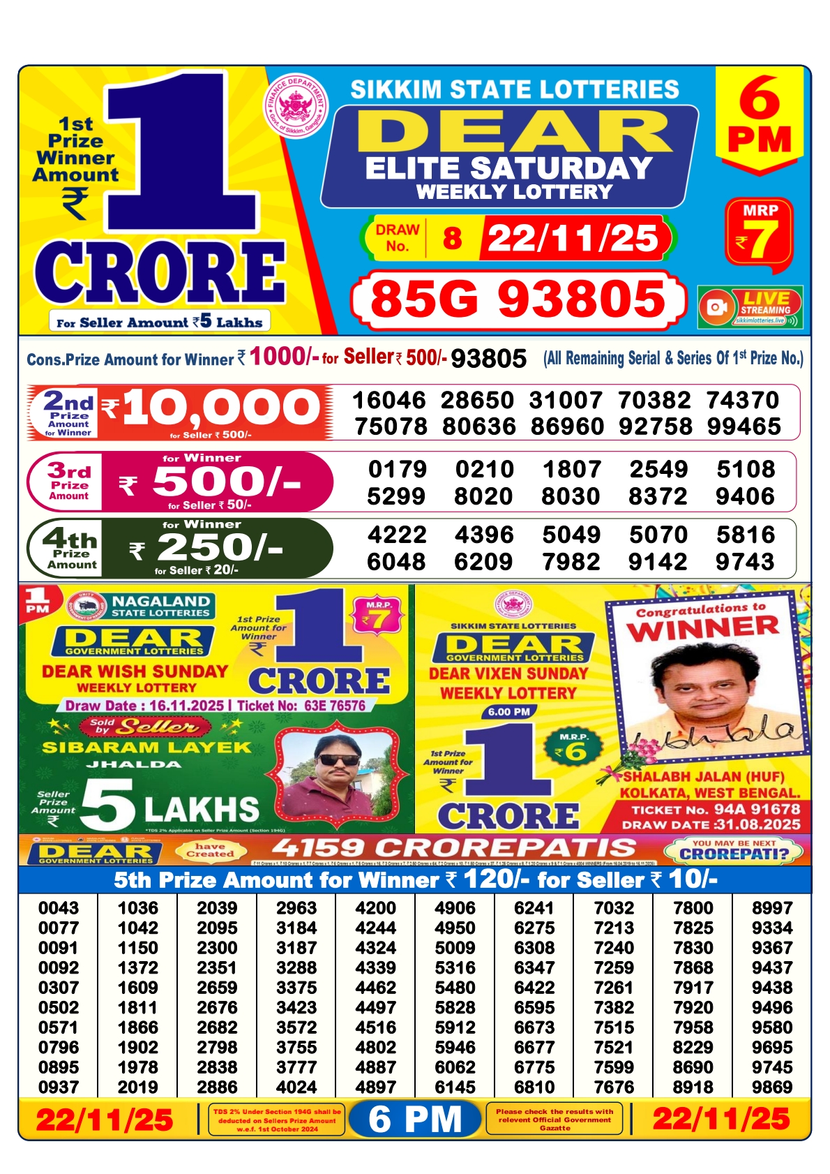 Dear Lottery Chart 6 PM Result - 22/11/2025 | Latest Dear Lottery Chart