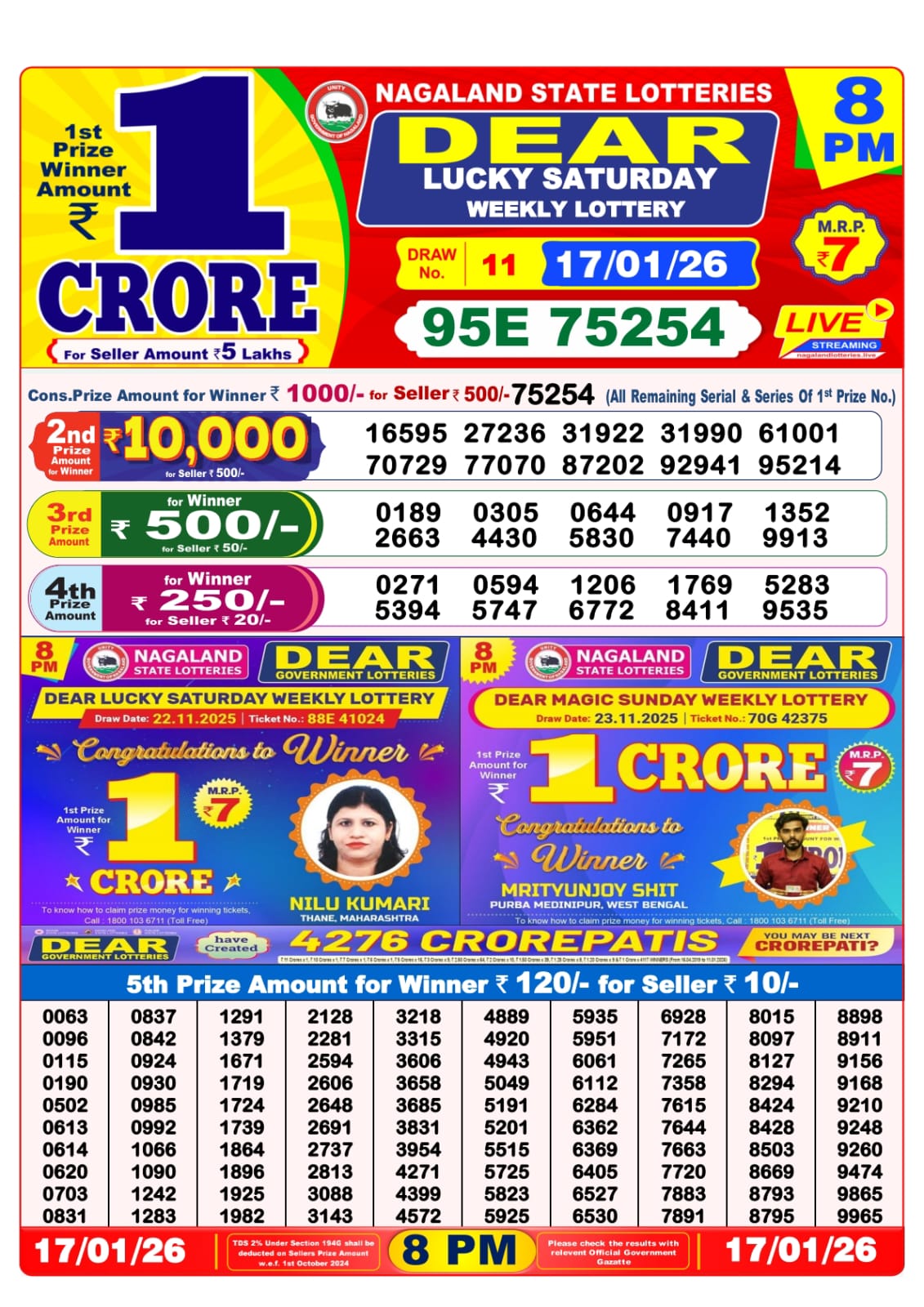 Dear Lottery Chart Today 8 PM 17/01/2026 | Dear Result Chart Night